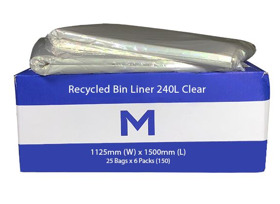 240L Clear Recycled Bin Liners x 150's pack (1125 x 1500mm x 30mu ...