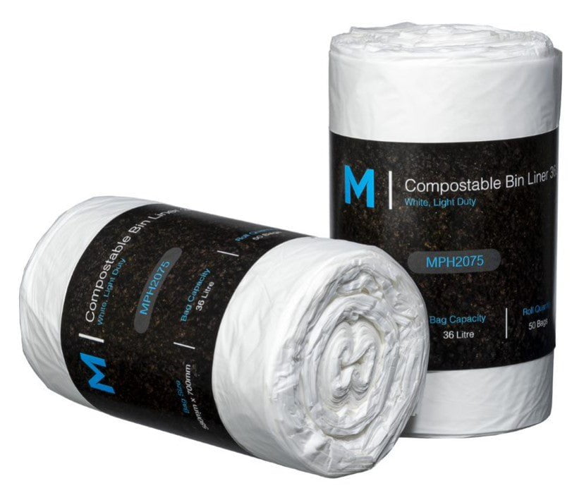 36L Waste Disposable Compostable Bin Liners, 580mm x 700mm x 20mu, Whi ...