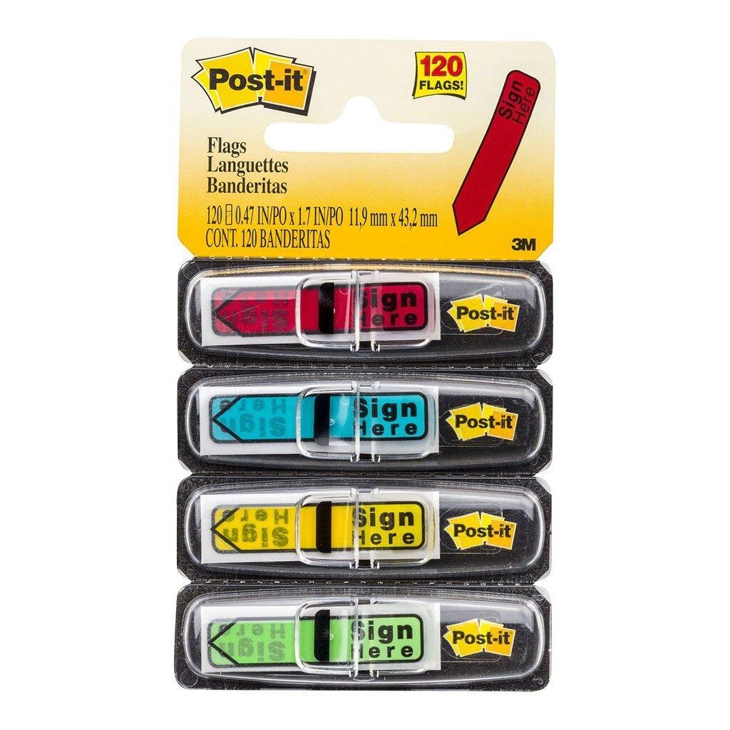 3M Sticky Post It Flags SIGN HERE 12 x 45mm x 4 Colours (684-SH ...