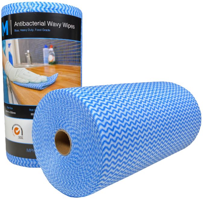 Antibacterial Wavy Wipes 300mm x 500mm x 90 sheets Roll - Blue x 4 Rol ...
