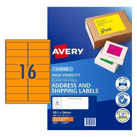 Avery L7162FO Fluoro Orange Labels 16's x 25 Sheets | Avery — Discount ...