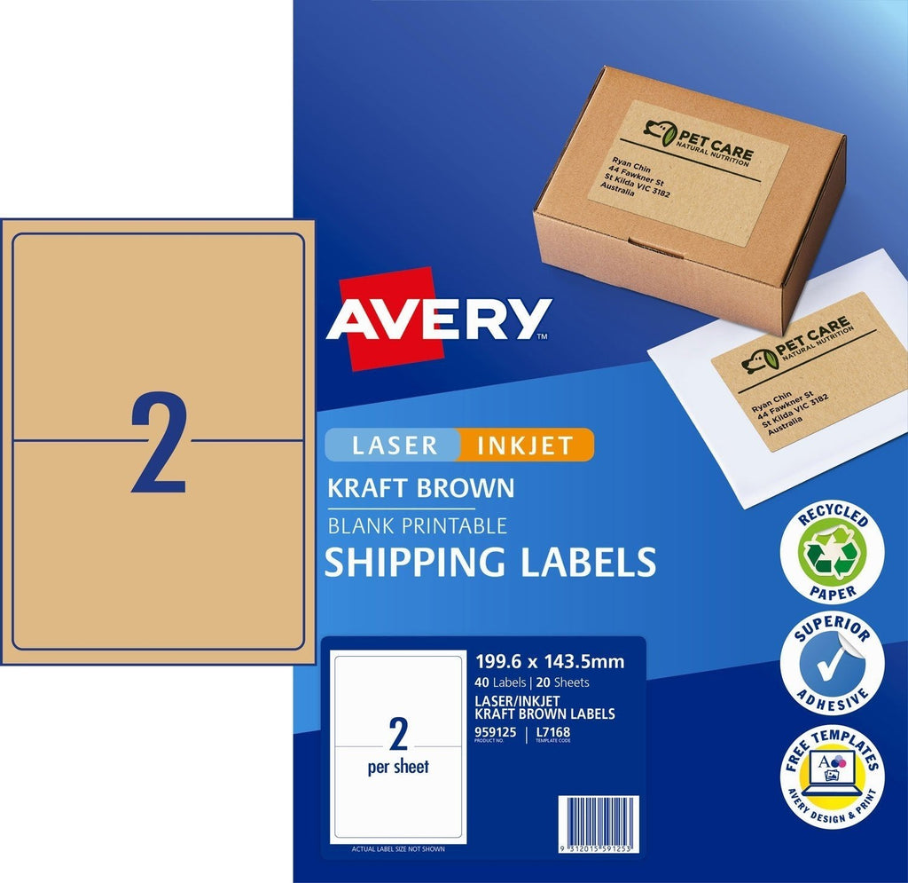 Avery L7168 Kraft Brown Labels 2's x 20 Sheets | Avery — Discount Office
