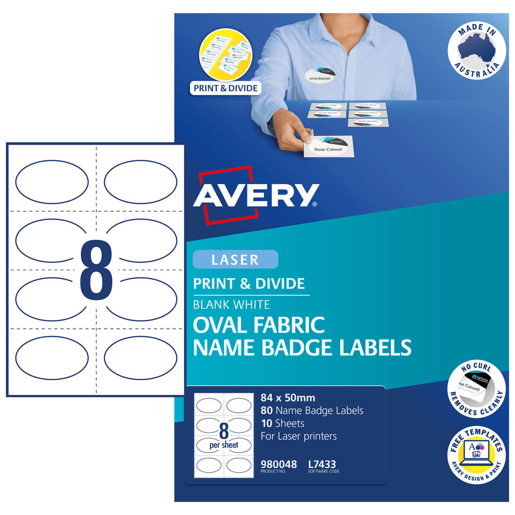 Avery L7433 Oval Fabric Name Badge Labels, 84mm x 50mm, 10 Sheets, 8 L ...