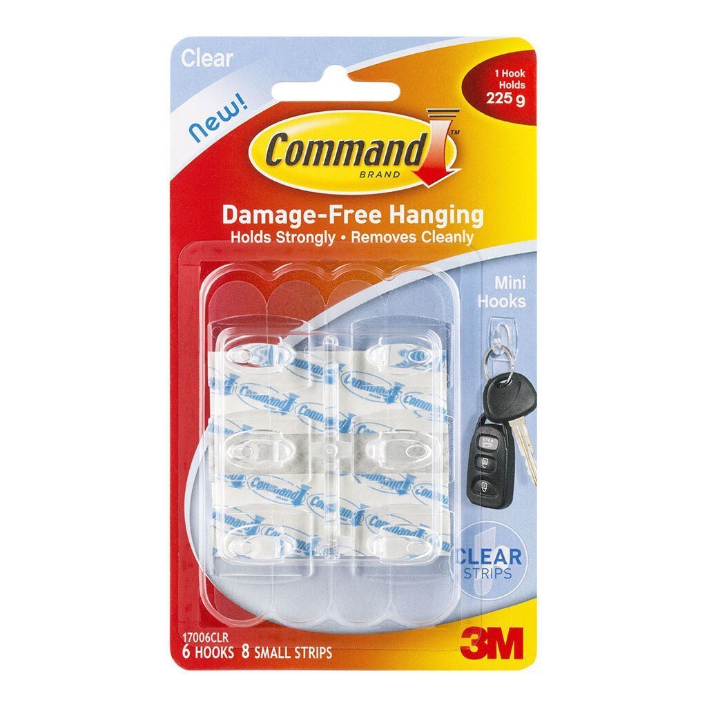 Command 3M Clear Mini Hook with Clear Strips x 6's Pack | Adhesives ...