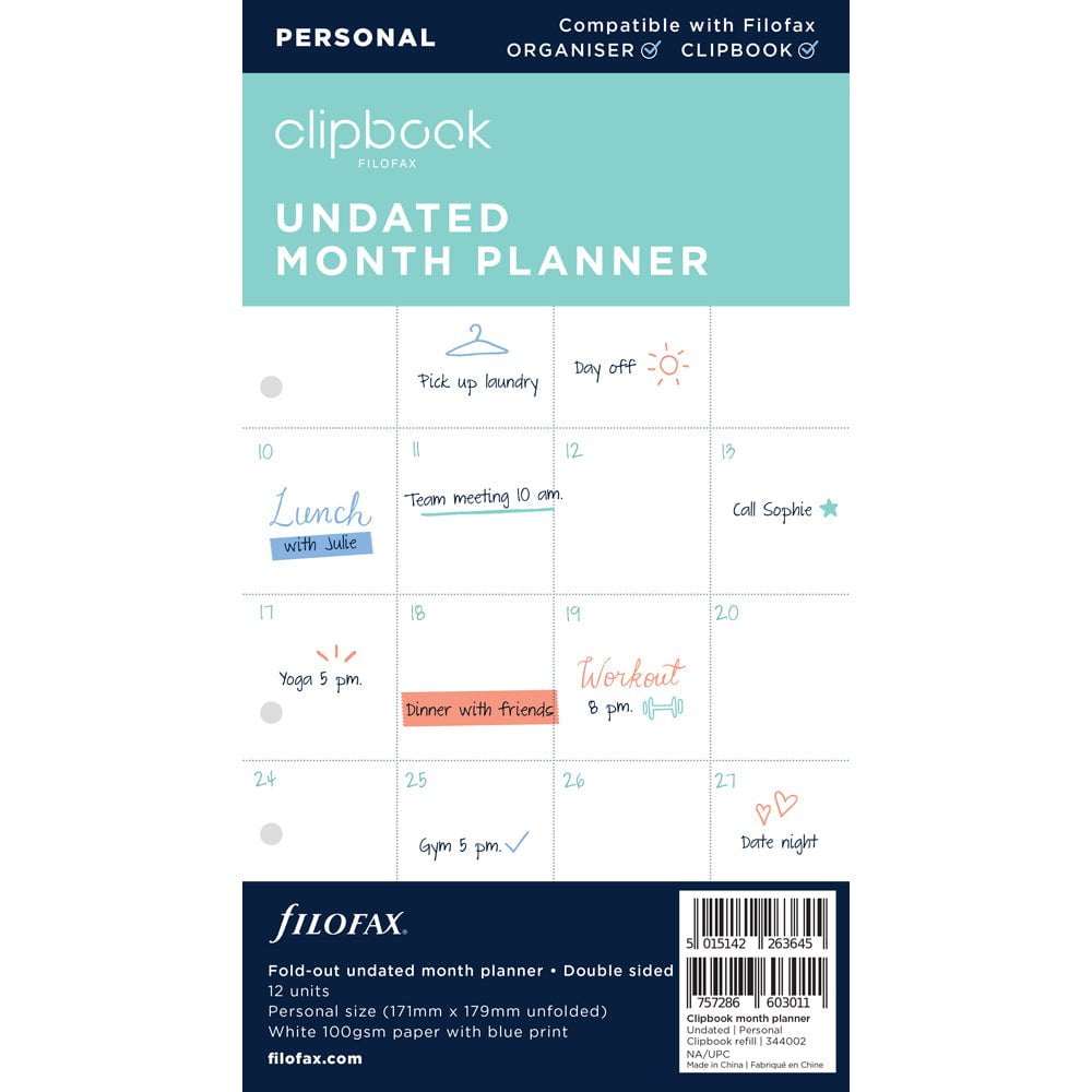 Filofax Clipbook Personal Monthly Planner Refill | Desktop Essentials ...