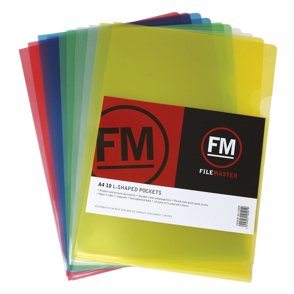 FM A4 Assorted Colours L Pockets x 10's pack | Filemaster — Discount Office
