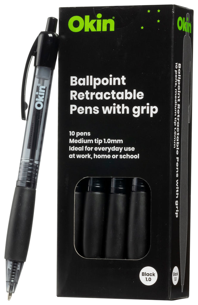 Icon Ballpoint Retractable Pen with Grip Medium Tip Black Pens x 10's ...