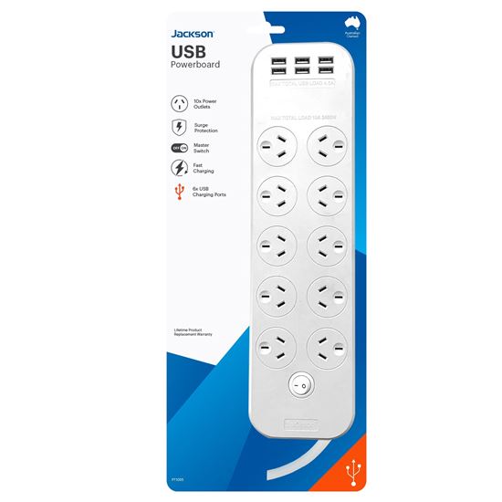 Jackson 10-Way Powerboard, 6x USB-A Fast Charging Ports, 10 Surge Prot ...