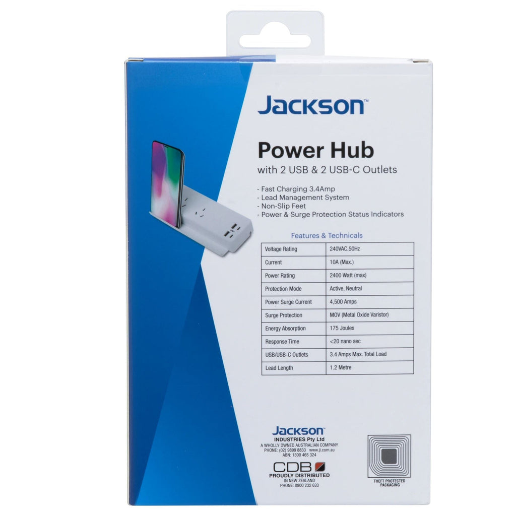 Jackson 10A Power Hub, 2x USB-A, 2x USB-C, 2x 3-Pin Outlets, Integrate ...