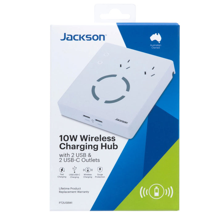 Jackson 10W Wireless Device Charging Hub, 2x USB-A, 2x USB-C, 2x 3-Pin ...
