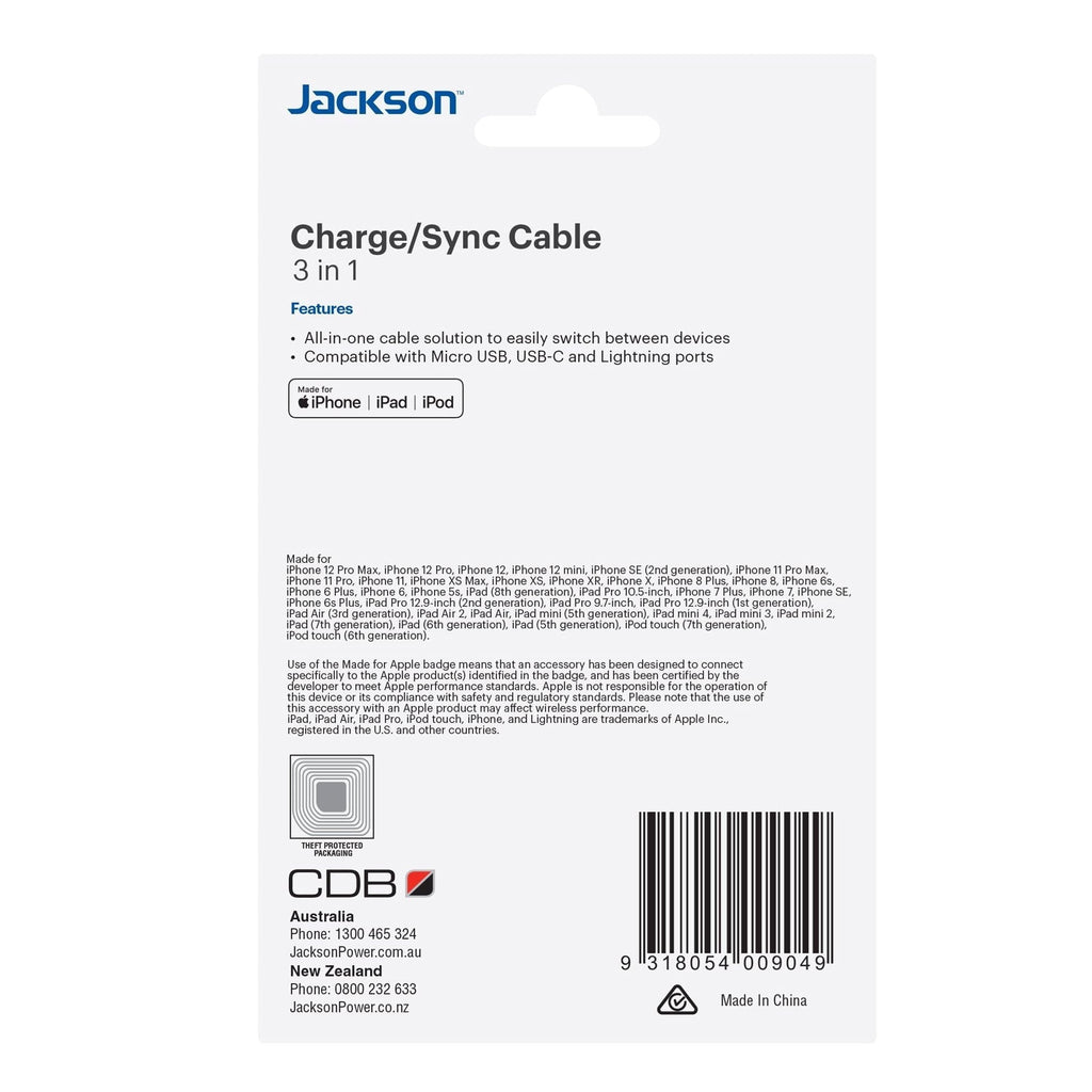JACKSON 1m MFi Certified 3-in-1 Sync & Charge Cable. Includes Micro US ...