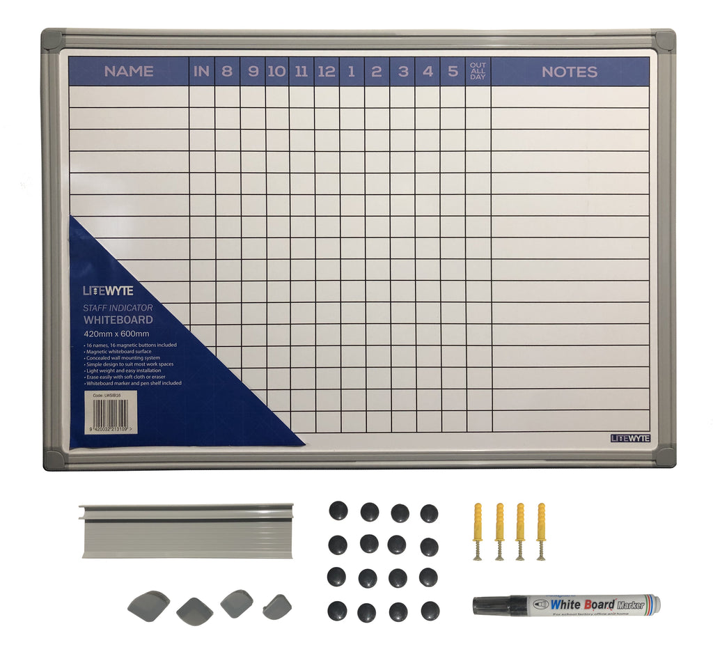 Litewyte Staff Indicator Whiteboard, 16 Names, 420mm x 600mm | Boyd ...