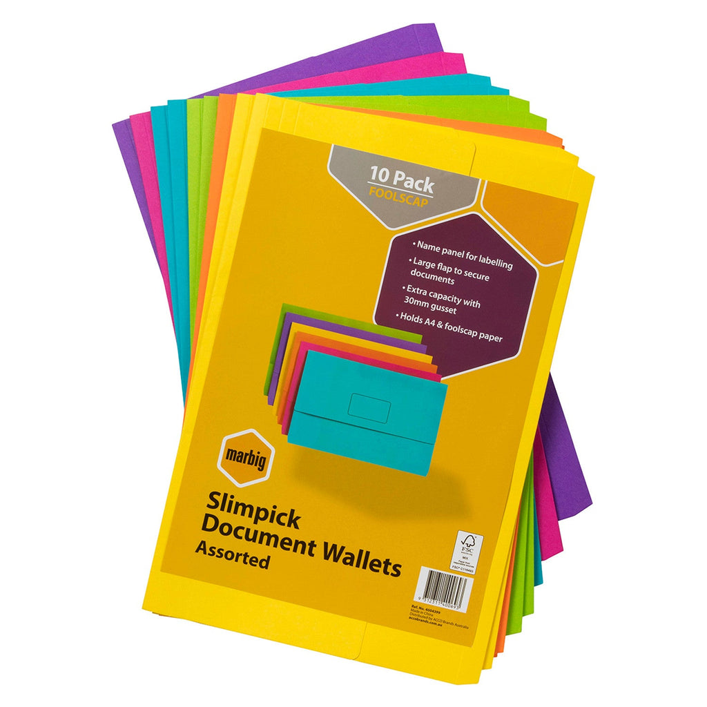 Marbig Foolscap Cardboard Document Wallet, 30mm Gusset, Assorted Colou ...
