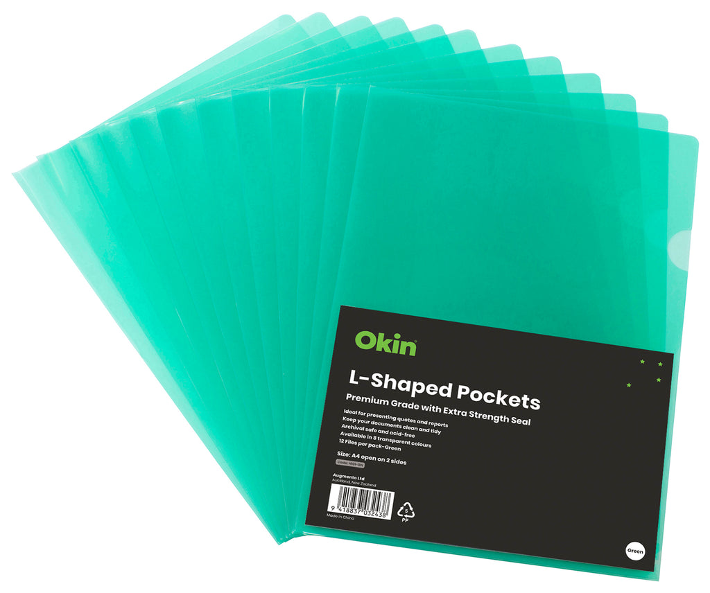 Okin A4 Green L Shaped Pockets 12's pack | Filing & Storage — Discount ...