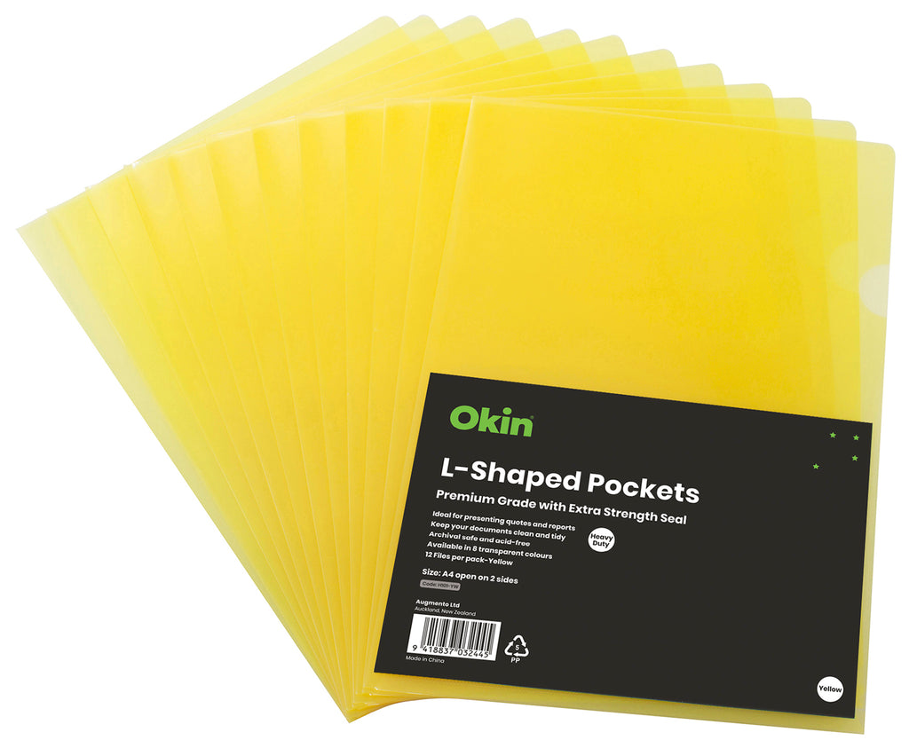 Okin A4 Yellow L Shaped Pockets 12's pack | Filing & Storage — Discount ...