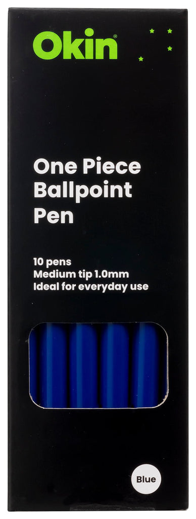 Okin One Piece Ballpoint Pen, 1.0mm Medium Tip, Retractable, Blue, 10 ...