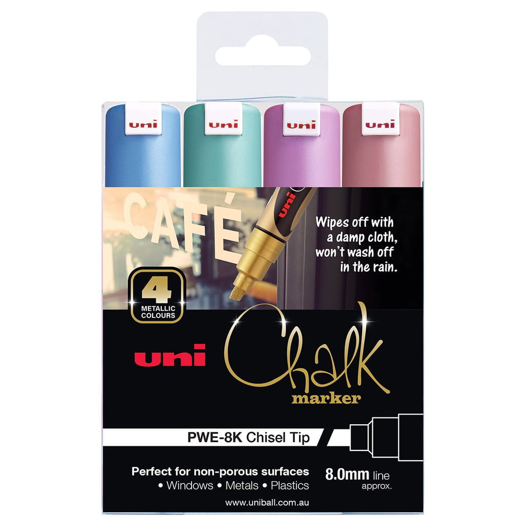 Uni Chalk Marker 8.0mm Bold Chisel Tip 4 Pack Metallic PWE-8K | Chalk ...