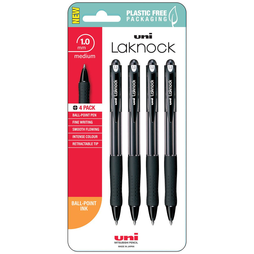 Uni Laknock 1.0mm Medium Retractable Pen, Black, 4's pack | Ballpoint ...