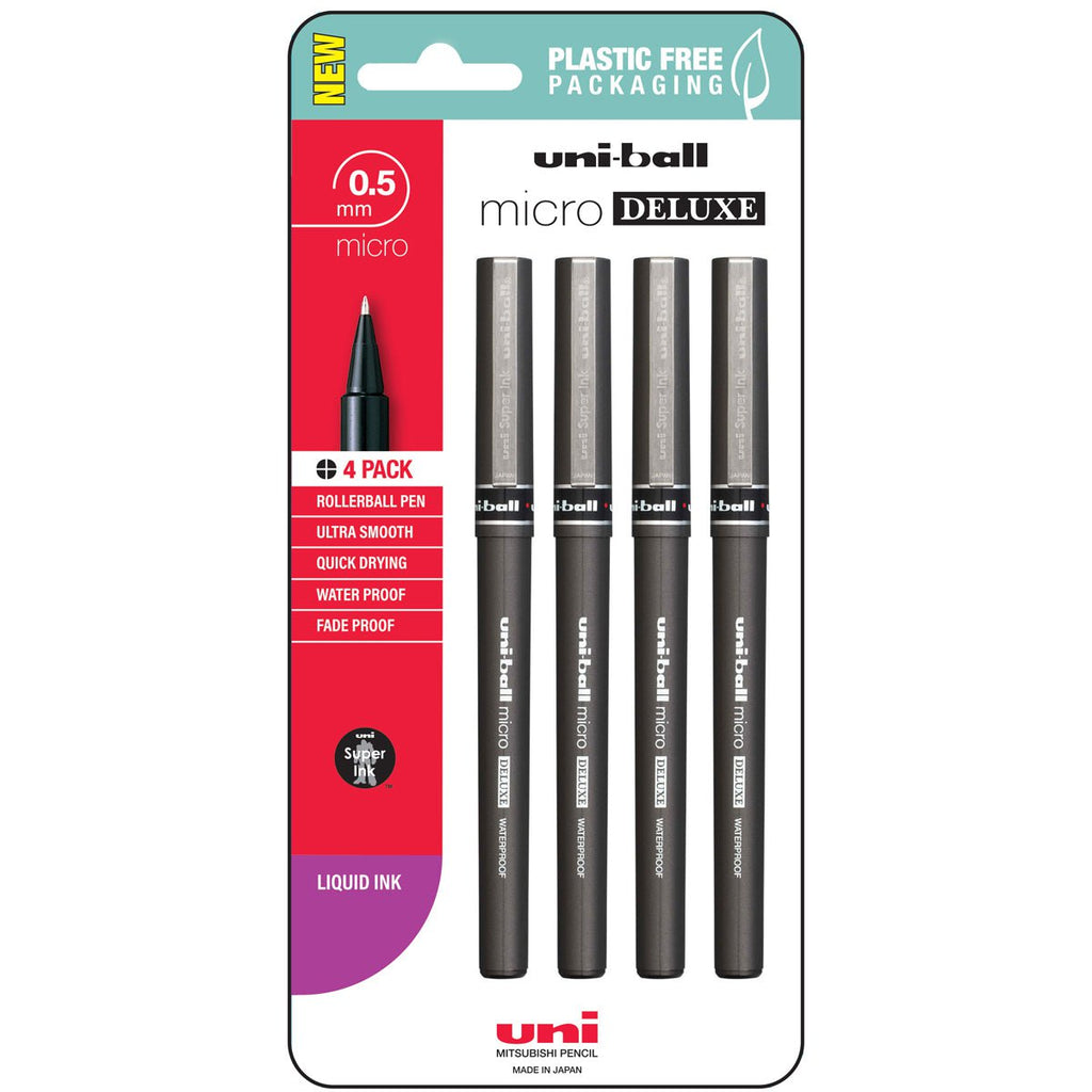 Uni Micro 0.5mm Deluxe Capped Rollerball Pen, Black, 4's pack | Newest ...