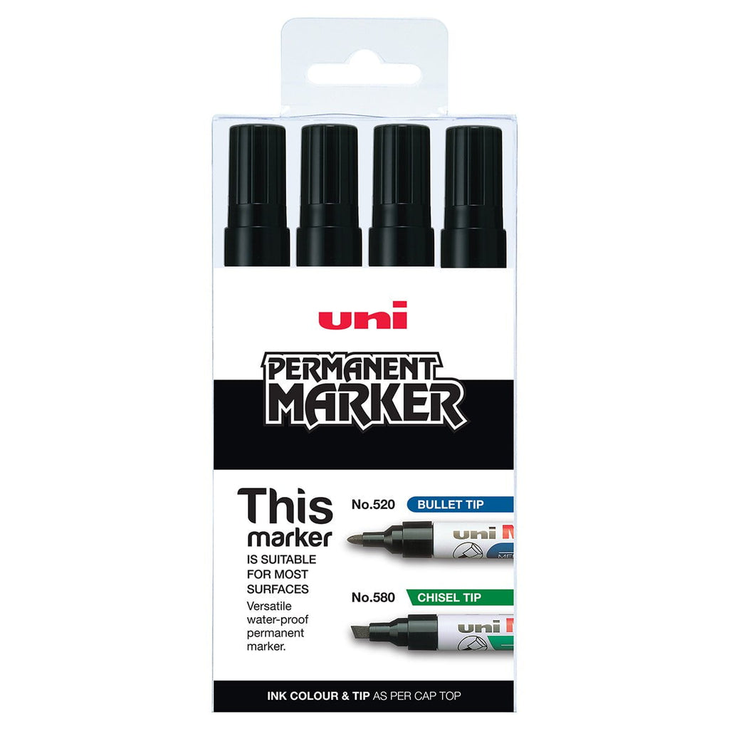 Uni Permanent Bullet Tip Marker 4 Piece Black 520 | Markers — Discount ...