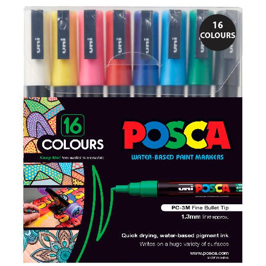 Uni Posca PC-3M Marker 0.9-1.3mm Fine 16 Pack Assorted (PC3M16C ...