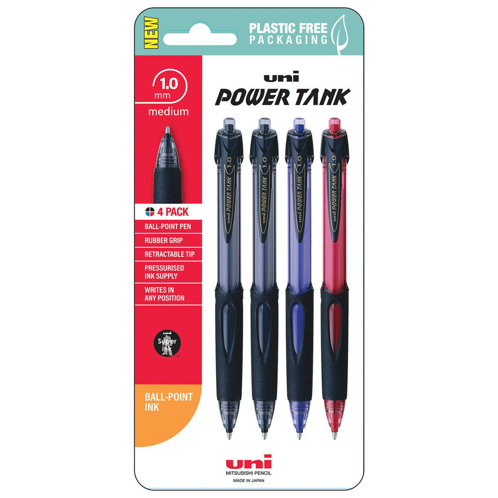 Uni PowerTank 1.0mm Assorted Colours Retractable Pen, 4's pack ...
