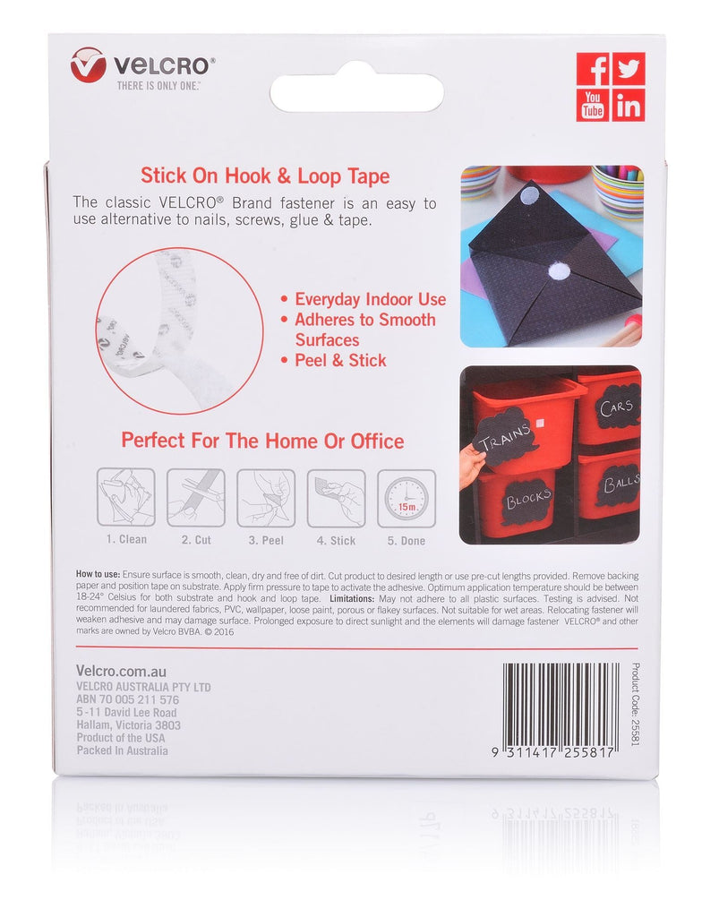 Velcro 25mm x 2.5mt Stick on Hook & Loop Tape, White, Holds Up To 1 kg ...