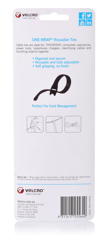 Velcro 25mm x 200mm ONE-WRAP Reusable Hook & Loop Cable Ties, Self Gri ...