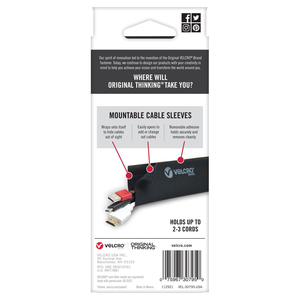 Velcro Mountable Cable Sleeves, 203mm x 120mm, Removable Adhesive, Mou ...